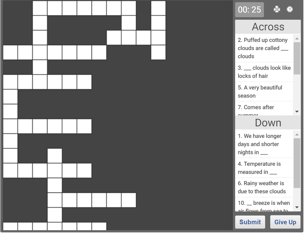 Online Science crossword on Weather and Seasons | Olympiad tester