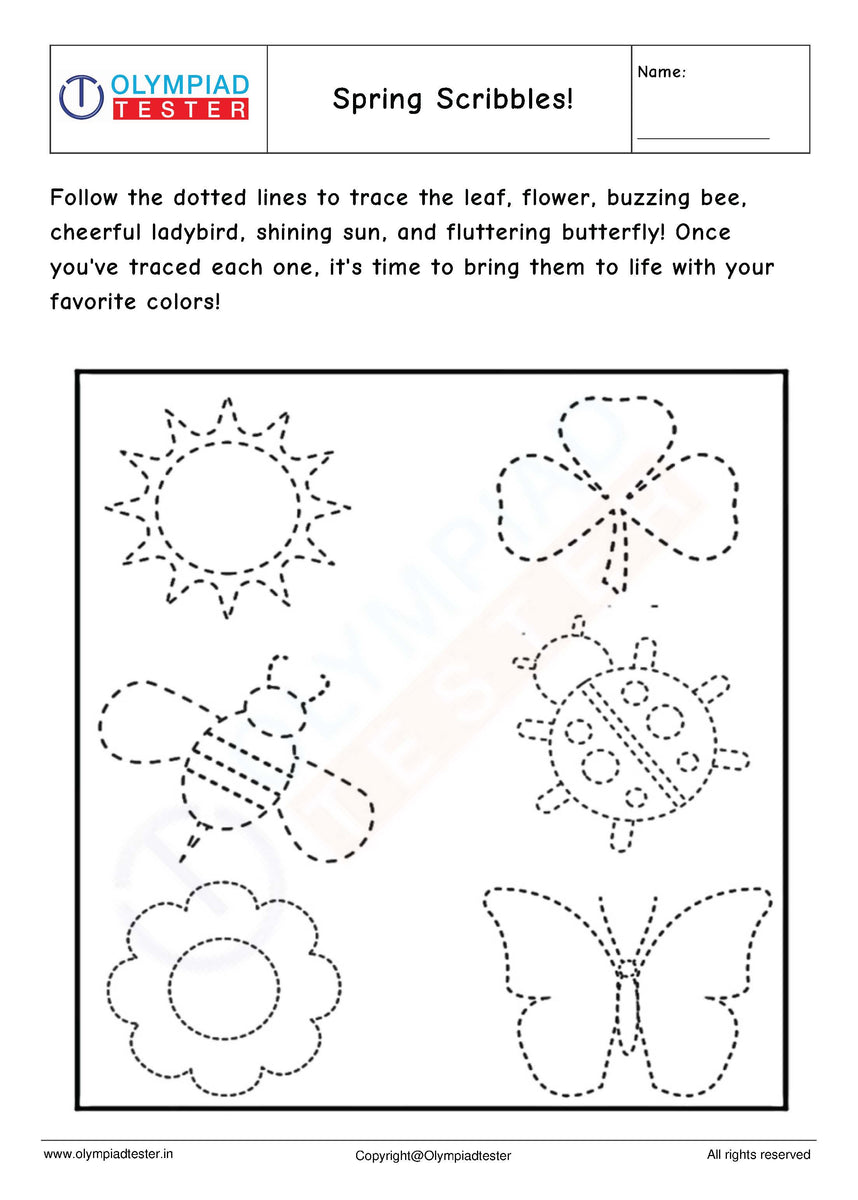 Kindergarten Worksheet - Springtime Tracing & coloring | Olympiad tester