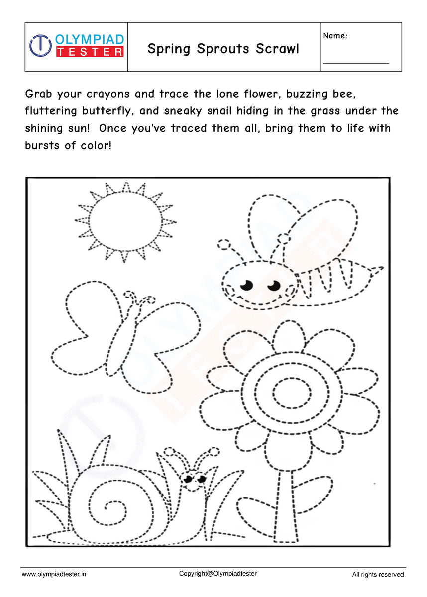 Springtime Tracing and Coloring PDF worksheet | Olympiad tester