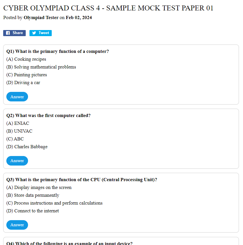 Cyber Olympiad Class 4 Sample Mock Test Paper 01 Olympiad Tester