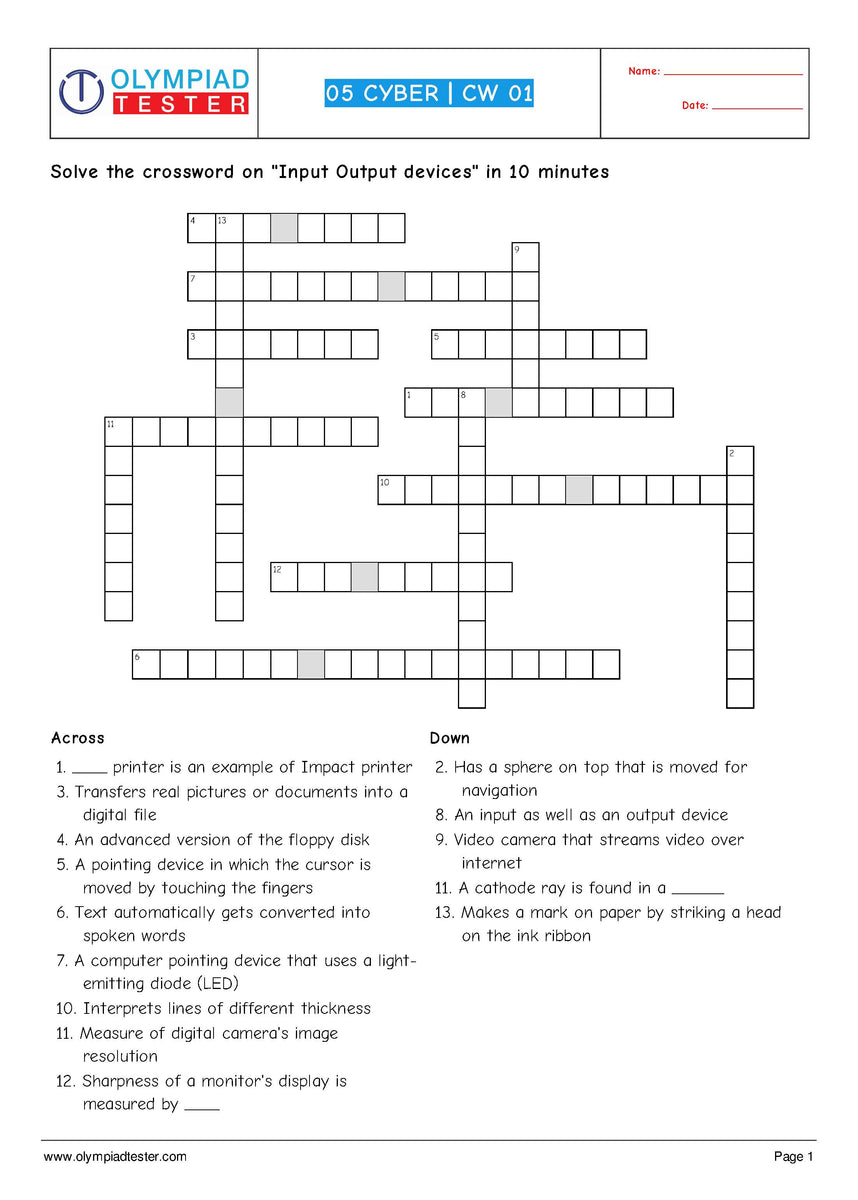 10 Computer Science crossword puzzles for Grade 5 | Olympiad tester