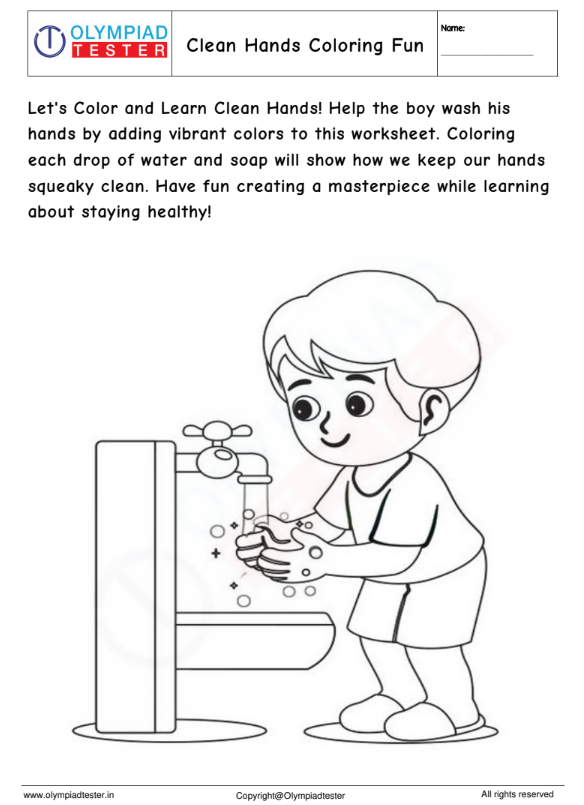 Kindergarten Coloring Worksheet: Clean Hands Coloring Fun | Olympiad tester