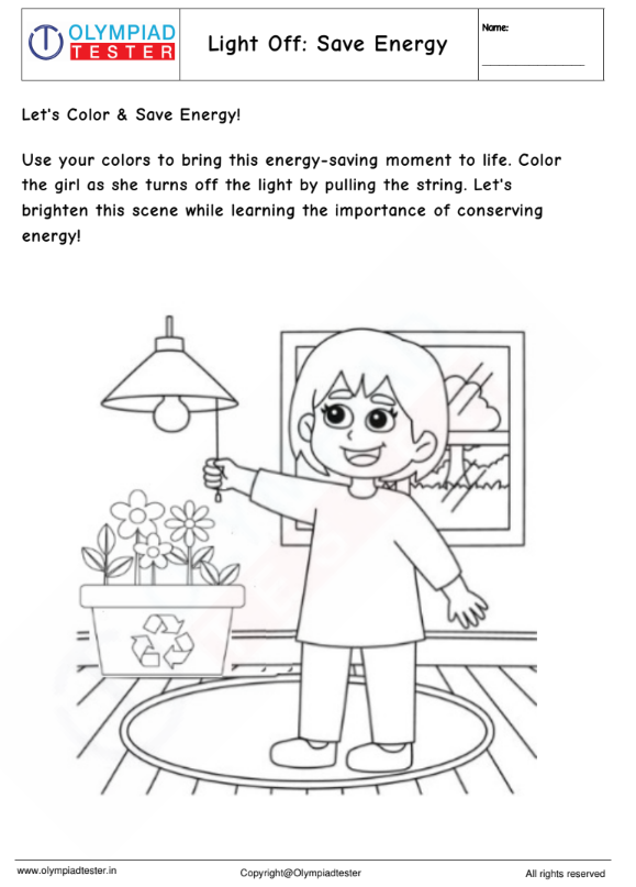 Kindergarten Coloring Worksheet: Save Energy | Olympiad tester