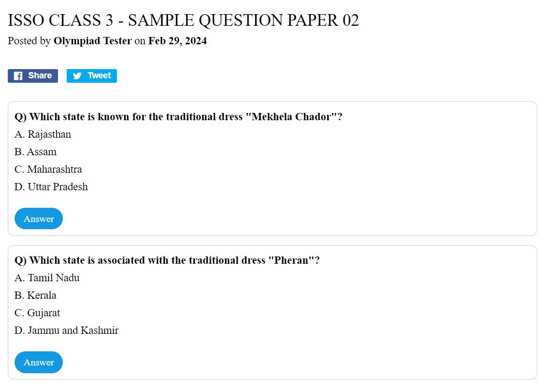 Isso Class 3 Sample Question Paper 02 Olympiad Tester