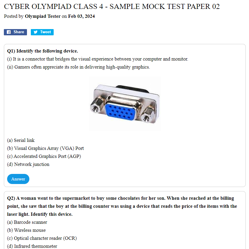 Cyber Olympiad Class 4 Sample Mock Test Paper 02 Olympiad Tester