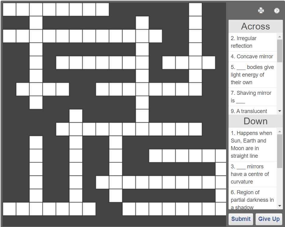Online crossword - Light, shadow and reflection | Olympiad tester