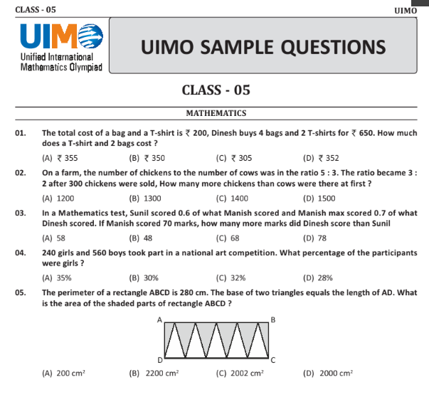 Download Class 5 Uimo Official Sample Question Paper Olympiad Tester