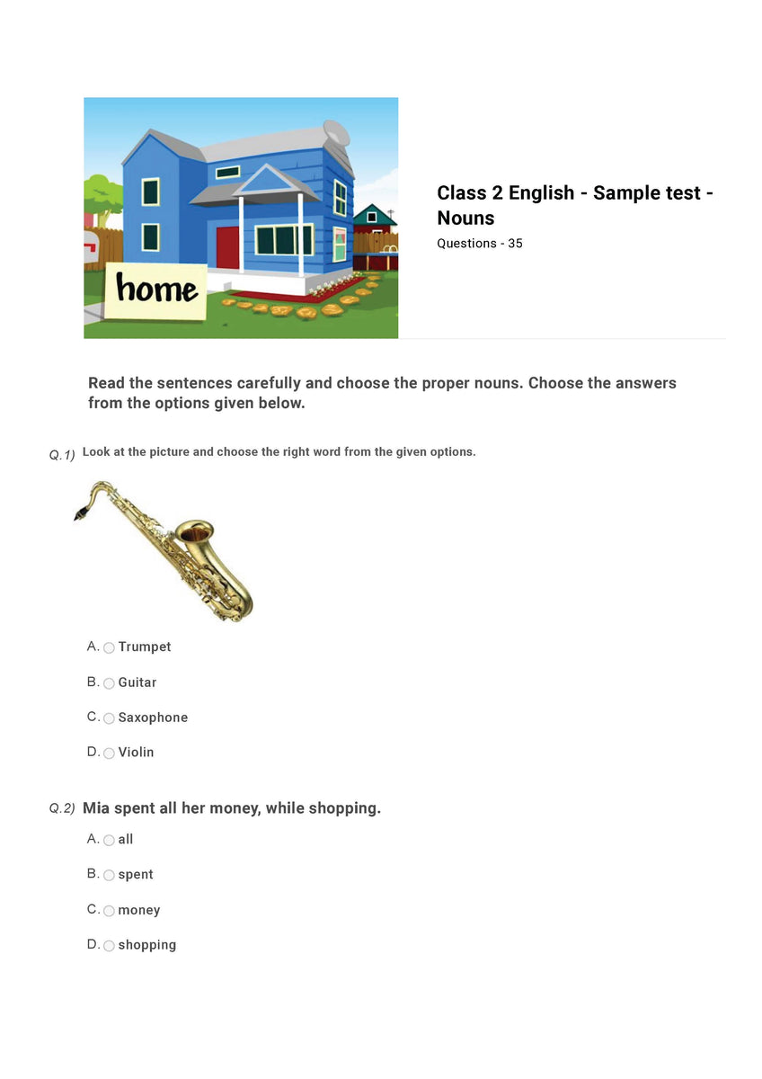 Class 2 English Sample paper on Nouns | Olympiad tester