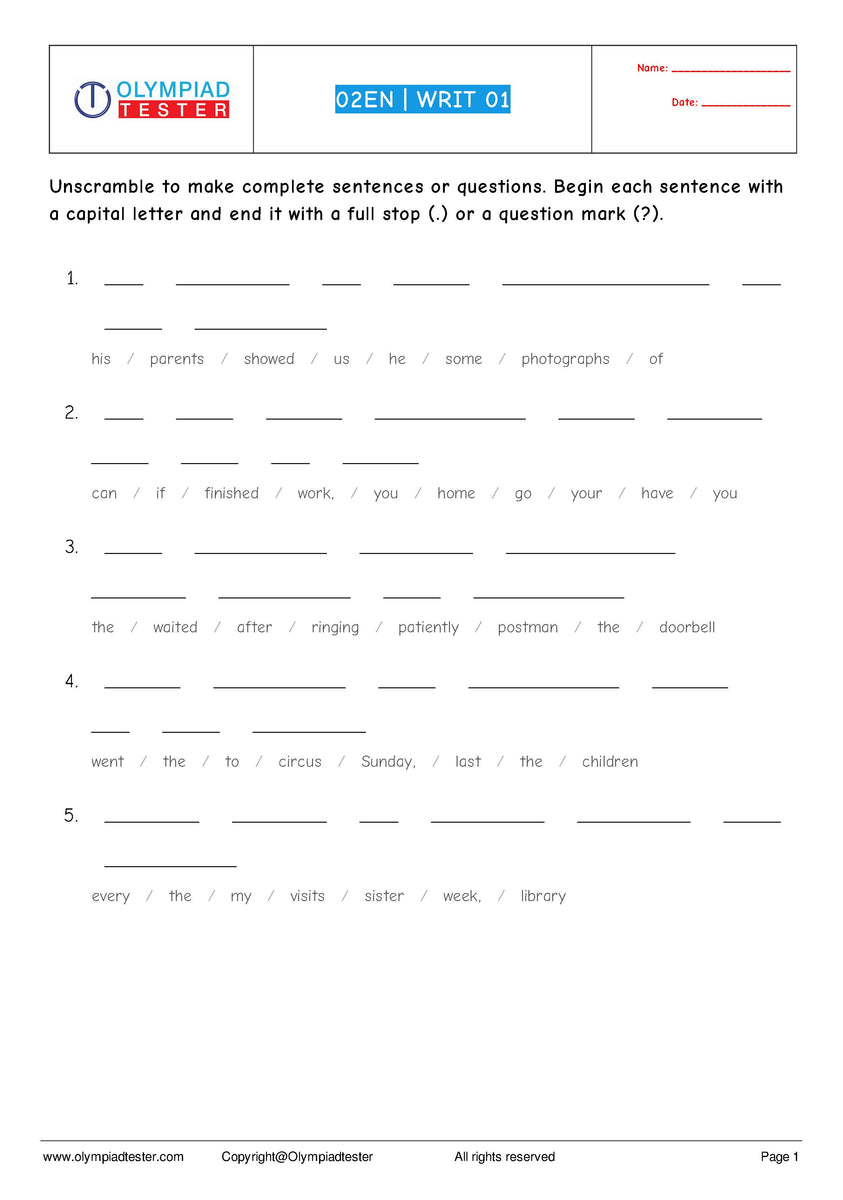 Class 2 English Sentence Scramble Sample papers | Olympiad tester