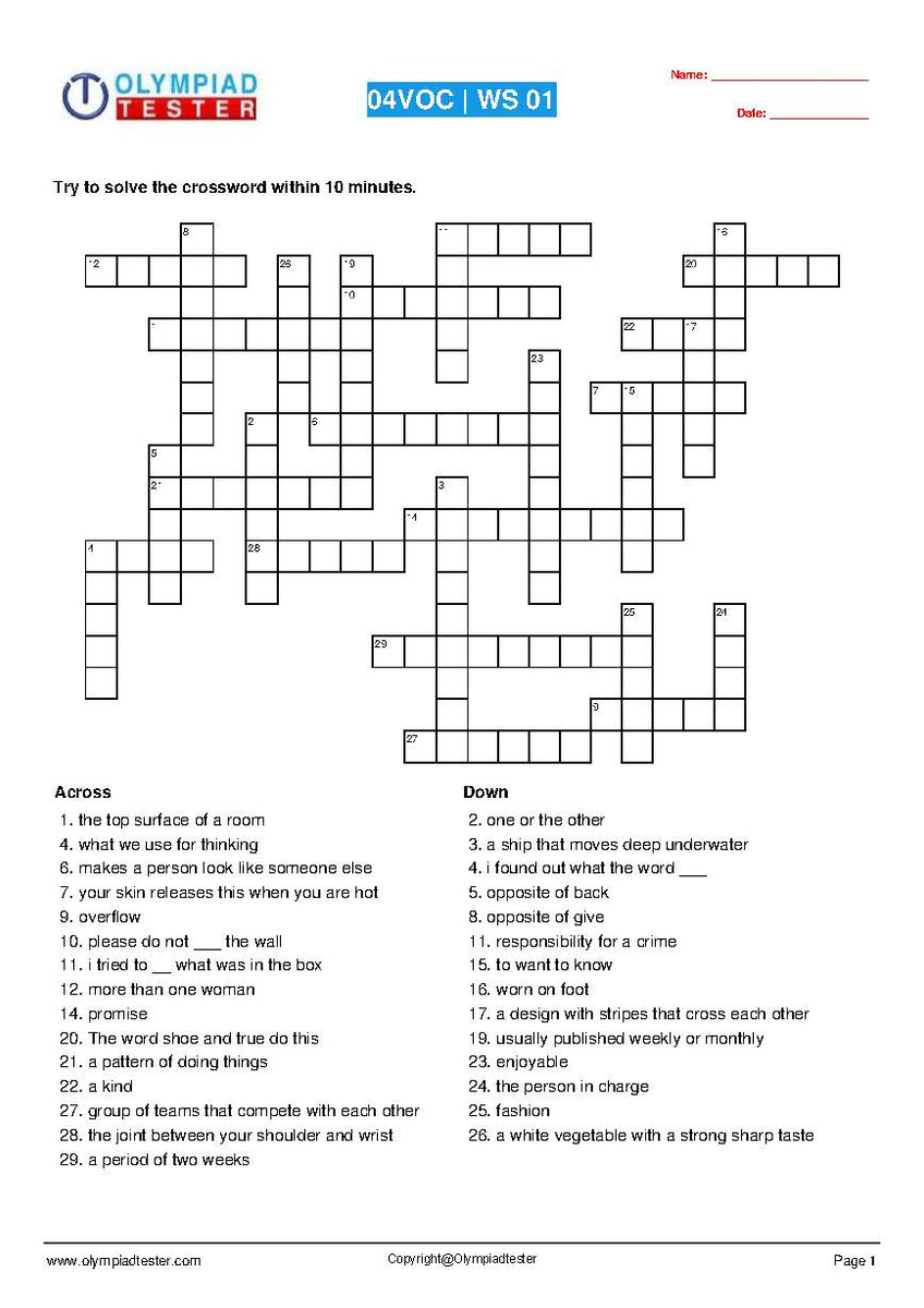 10 English vocabulary crossword puzzles - Grade 4 | Olympiad tester