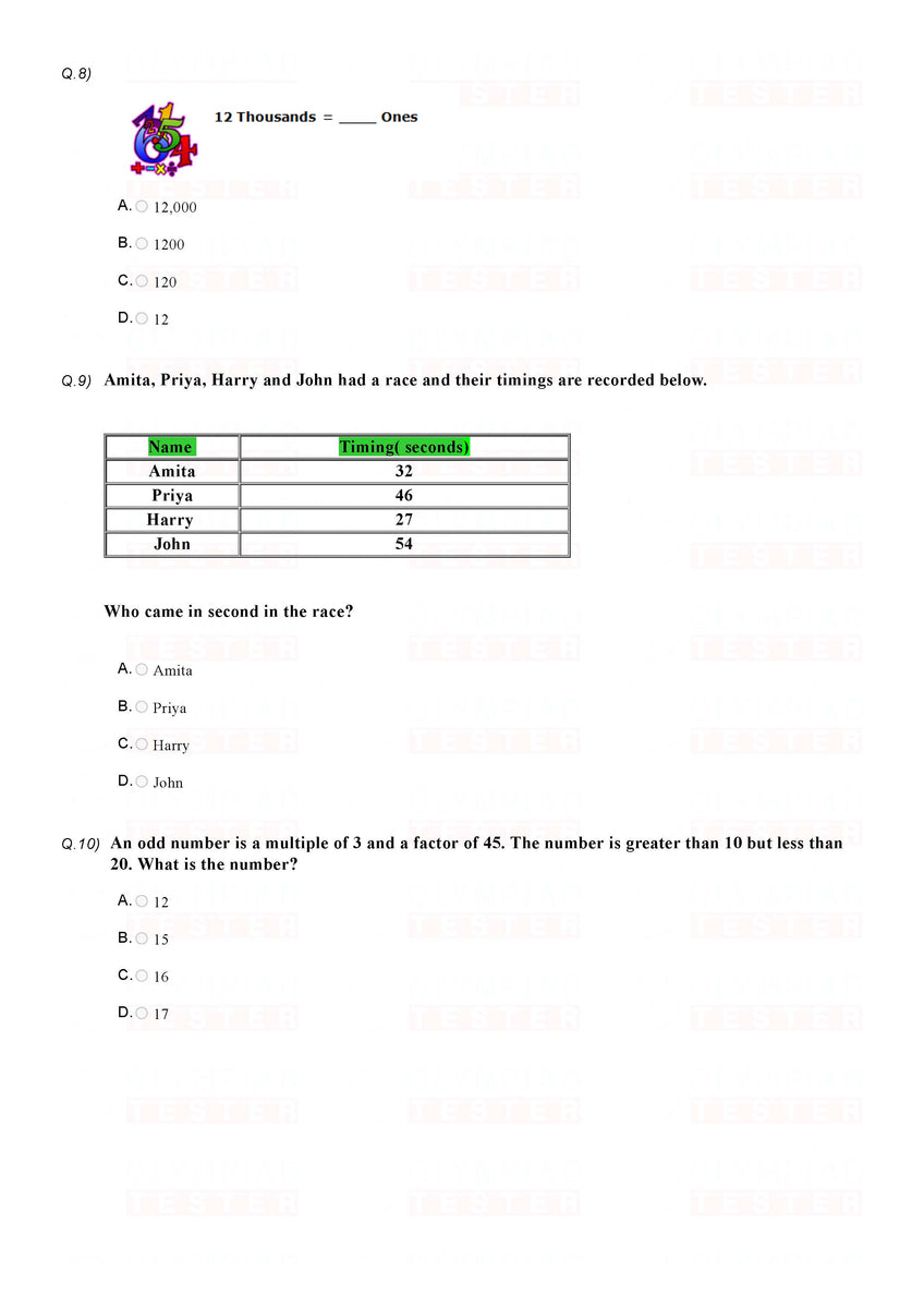 Class 4 Maths HOT - Pdf worksheet 03 | Olympiad tester