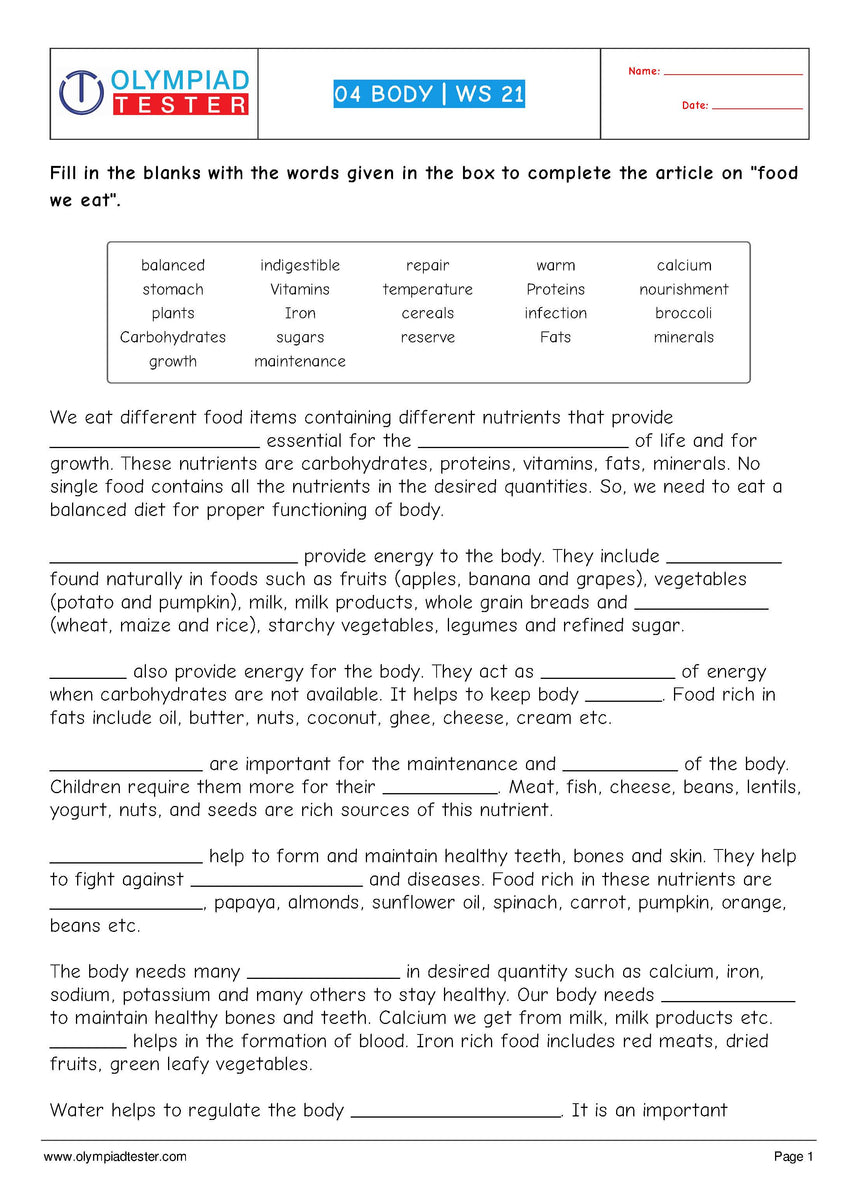 CBSE Class 4 Science HOTS Worksheets - Human body & health - Set 05 ...
