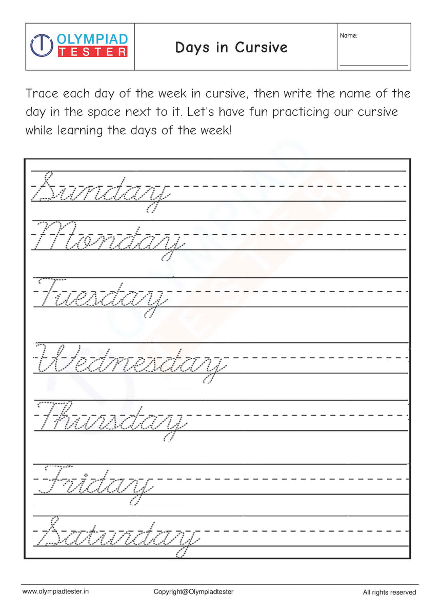 Cursive Days of the Week Worksheet | Olympiad tester