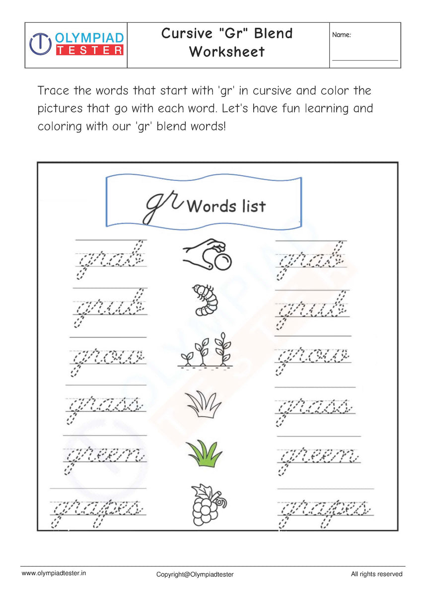 Cursive "Gr" Blend Worksheet | Olympiad tester