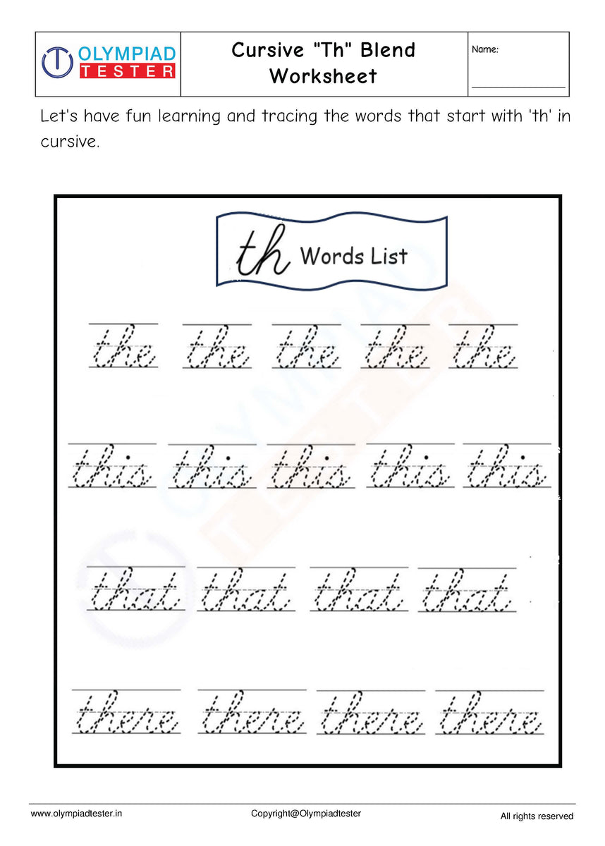 Cursive "Th" Blend Worksheet | Olympiad tester