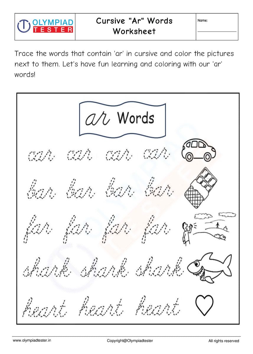 Cursive "Ar" Words Worksheet | Olympiad tester
