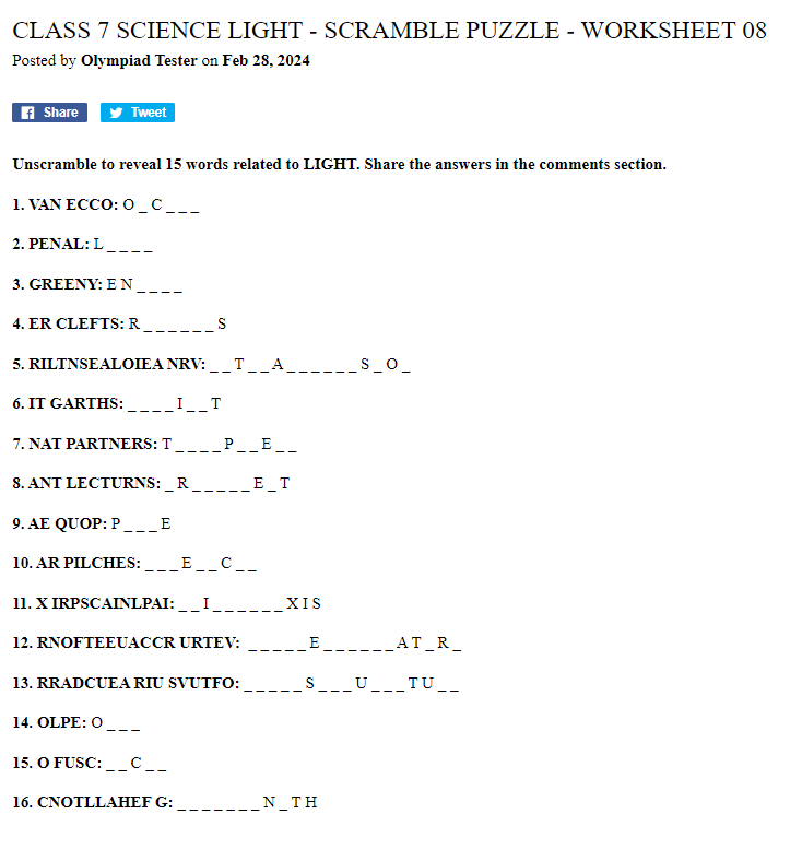 Class 7 Science Light - Scramble puzzle - Worksheet 09 | Olympiad tester