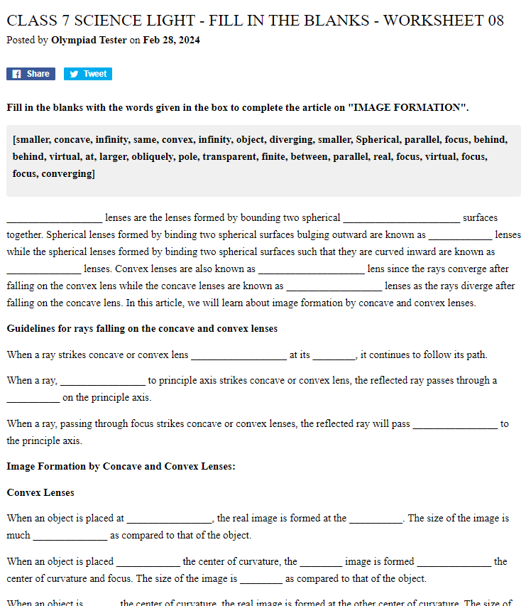 Class 7 Science Light - Fill in the blanks - Worksheet 08 | Olympiad tester