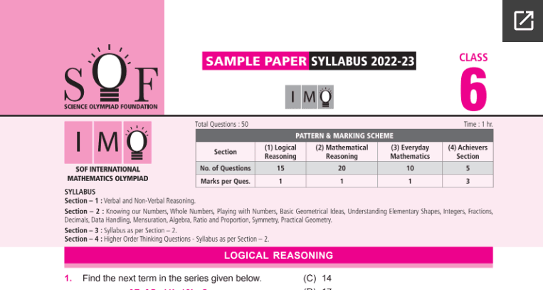 Class 6 Imo Maths Olympiad Official Sample Question Paper Olympiad Tester