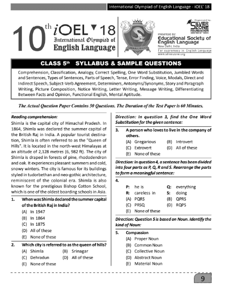 Official Class 5 iOEL English Olympiad sample question paper | Olympiad ...