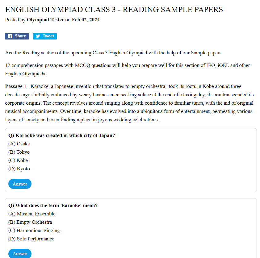 English Olympiad Class 3 - Reading sample papers | Olympiad tester