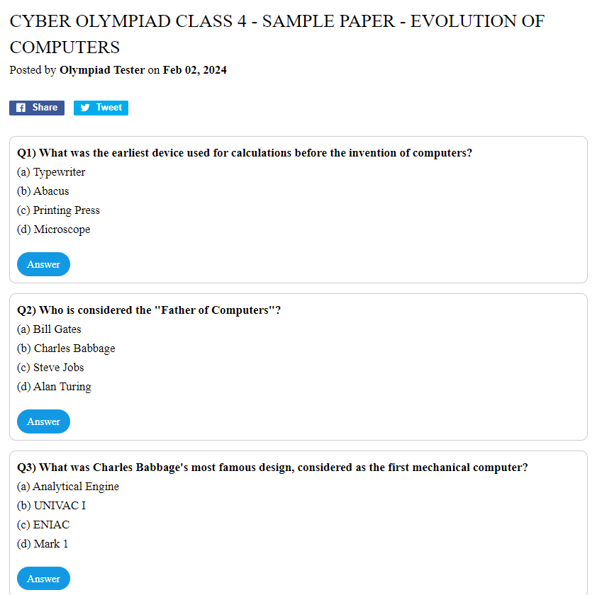 Cyber Class 4 - Sample paper - Evolution of computers | Olympiad tester