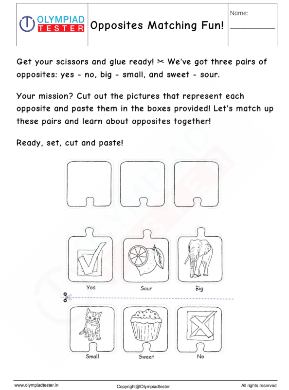 Kindergarten Worksheet - Opposites Matching Fun! | Olympiad tester