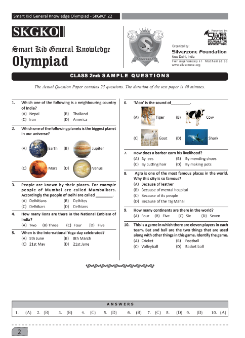 Download Class 2 SKGKO sample question paper | Olympiad tester