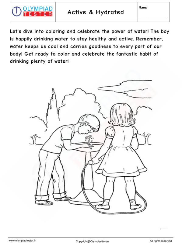 Kindergarten Coloring Worksheet: Drinking Plenty Of Water | Olympiad tester