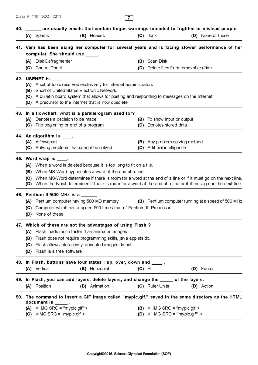 Class 9 Cyber Olympiad - Sample question paper 06 | Olympiad tester