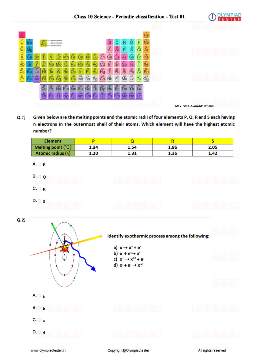 Science Olympiad Class 10 - Sample question paper 07 | Olympiad tester