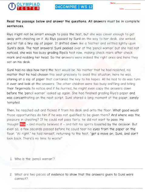 Class 4 English comprehension worksheets - Set 02 | Olympiad tester