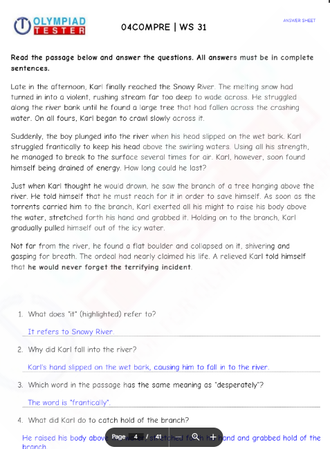 Class 4 English comprehension worksheets - Set 03 | Olympiad tester