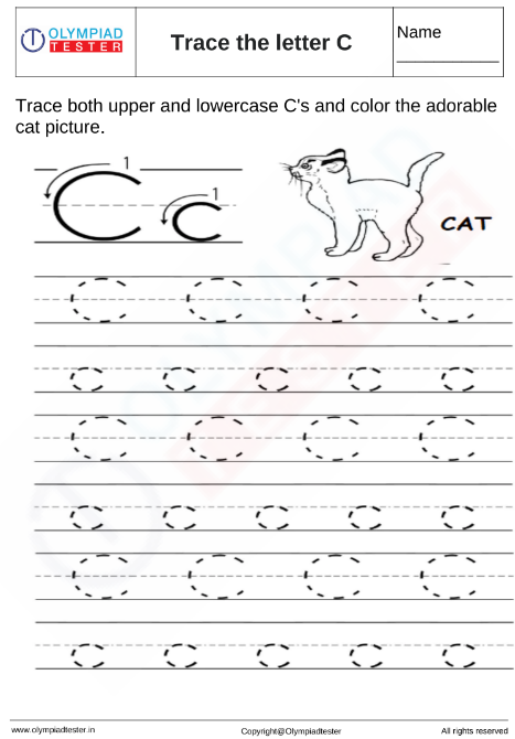 Catchy Cursive C! Trace the letter C with a cute cat. | Olympiad tester