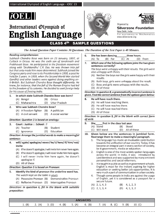 Official Class 4 Ioel English Olympiad Sample Question Paper Olympiad