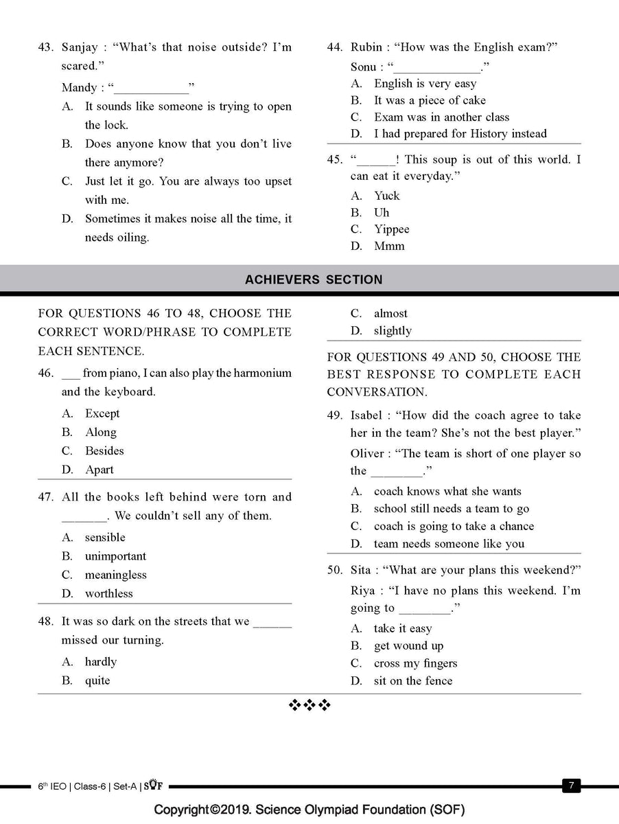 Class 6 English Olympiad - Sample question paper 19 | Olympiad tester