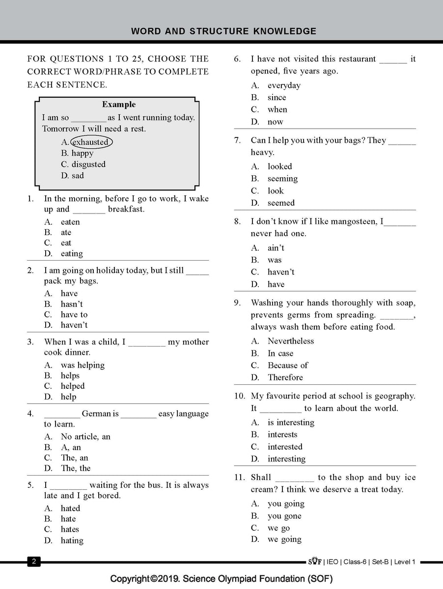 Class 6 English Olympiad - Sample question paper 18 | Olympiad tester