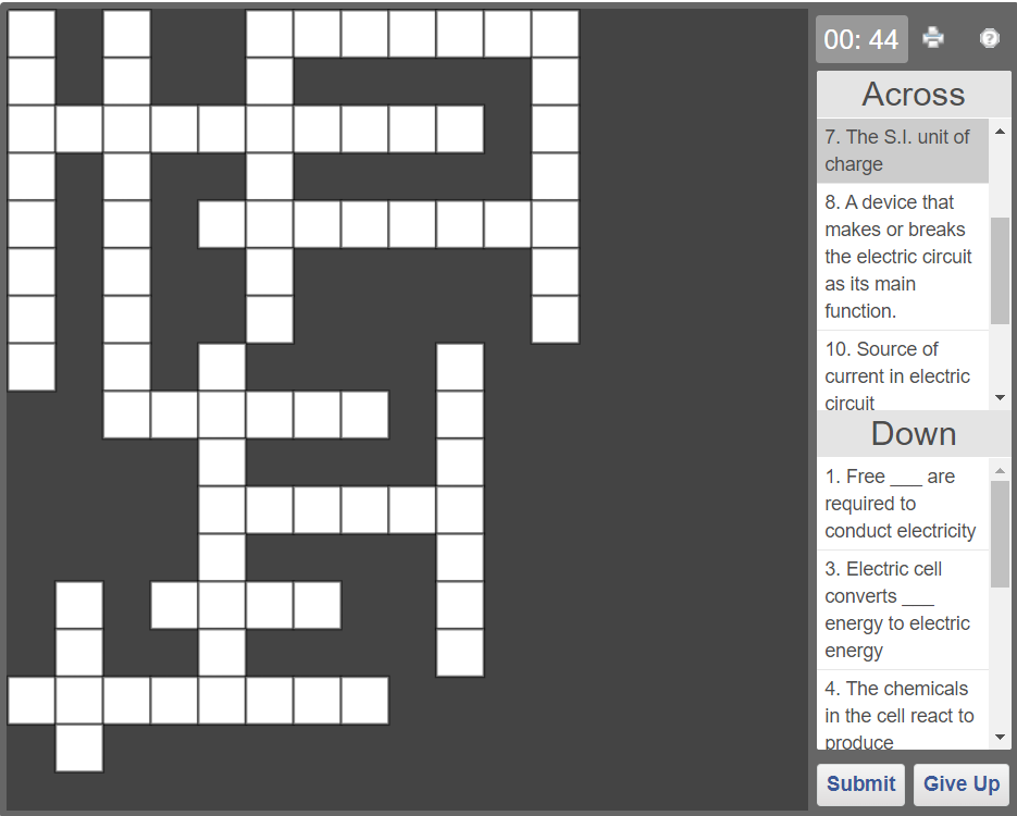 Online Science crossword - Electricity & circuits | Olympiad tester
