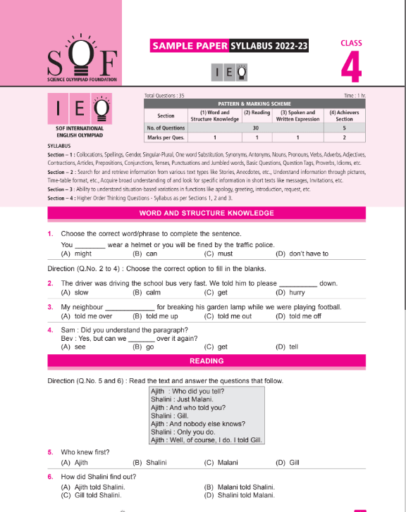 Official Class 4 Ieo English Olympiad Sample Question Paper Olympiad