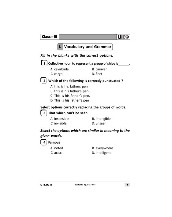 Class 3 UIEO English Olympiad sample question paper | Olympiad tester