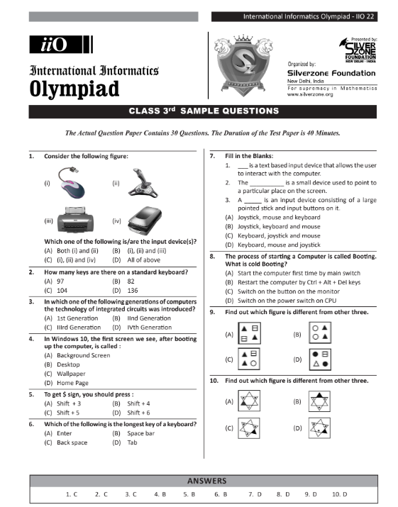 Class 3 iIO Cyber Olympiad sample model question paper | Olympiad tester