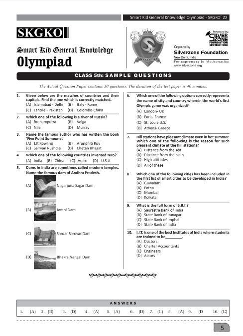 Download Class 5 SKGKO sample question paper | Olympiad tester