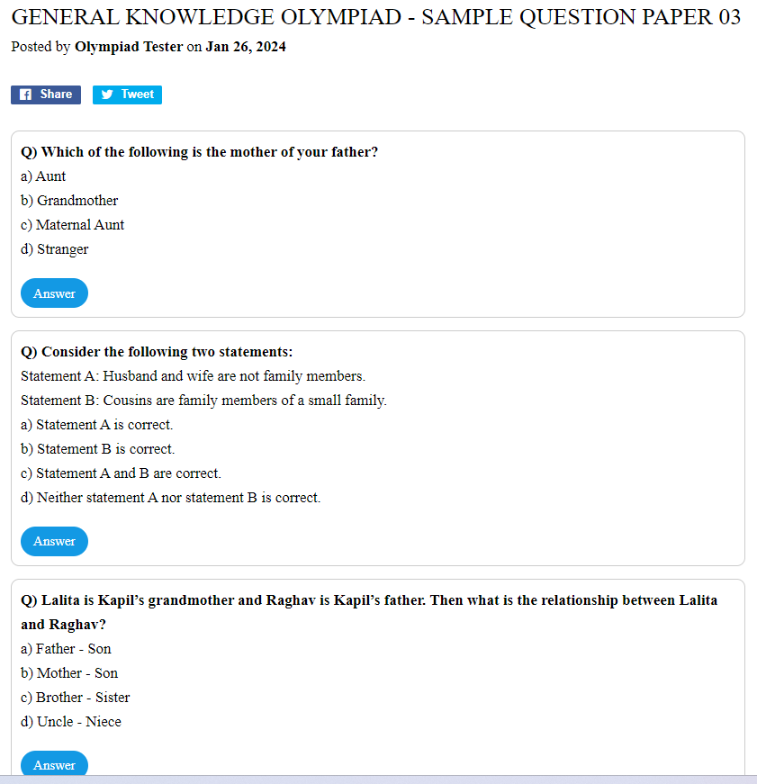 General Knowledge Olympiad - Sample question paper 03 | Olympiad tester