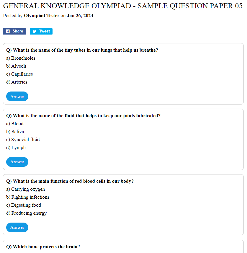 General Knowledge Olympiad - Sample question paper 05 | Olympiad tester