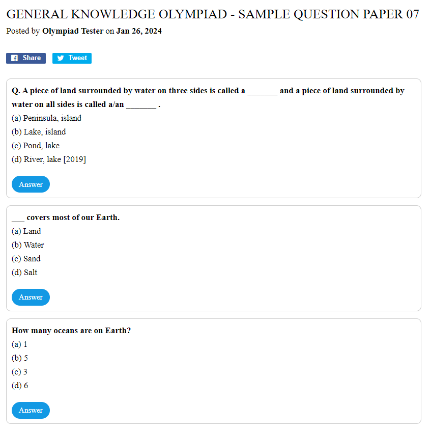 General Knowledge Olympiad - Sample question paper 10 | Olympiad tester