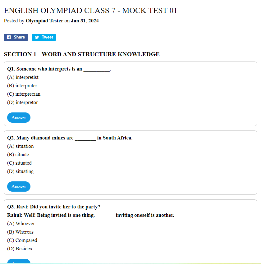 English Olympiad Class 7 - Mock test 01 | Olympiad tester