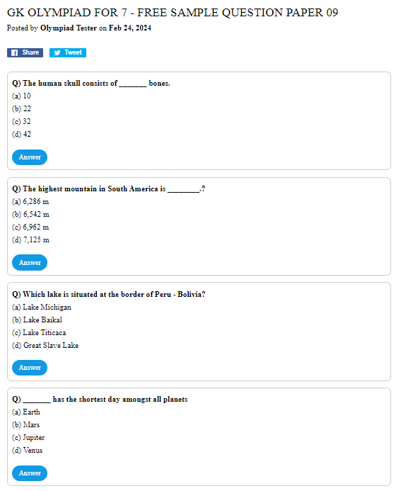 GK Olympiad for 7 - Free Sample question paper 09 | Olympiad tester
