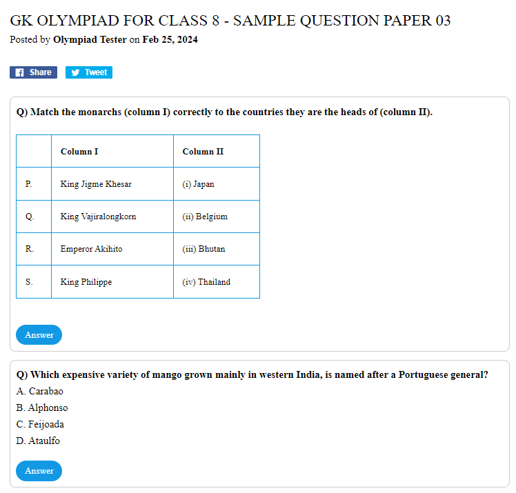 GK Olympiad for Class 8 - Sample question paper 03 | Olympiad tester