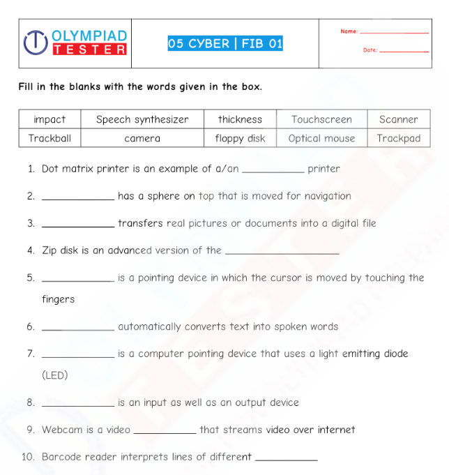 Cyber Olympiad Class 5 - Sample papers - Fill in the blanks | Olympiad ...
