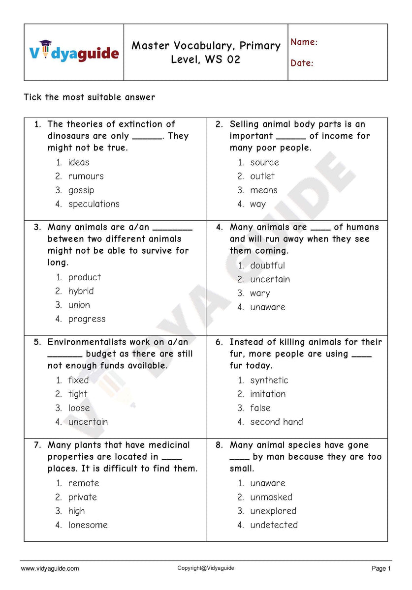 Vocabulary for Primary levels made easy - Worksheet 02 | Olympiad tester